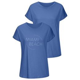 T-Shirt Vivance "mit modischem Frontprint", Damen, Gr. 40/42, blau, Jersey, Obermaterial: 100% Baumwolle, bedruckt, unifarben, bequem normal, Rundhals, angeschnitten,mit Aufschlag Aufschlag, Shirts T-Shirt, aus weicher Baumwoll-Qualit&auml;t