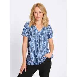 Kurzarmbluse Classic Basics, Damen, Gr. 42, jeansblau, ecru, bedruckt, 100% Polyester, gebl&uuml;mt, gemustert, mehrfarbig, V-Ausschnitt, Blusen Kurzarmbluse