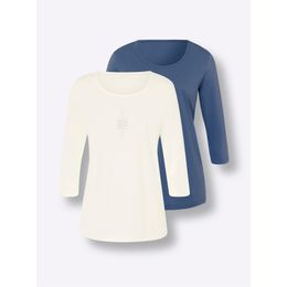 3/4-Arm-Shirt Classic Basics "Doppelpack Shirts", Damen, Gr. 44, blau (champagner, jeansblau), 100% Baumwolle, unifarben, Rundhals, Shirts 3/4-Arm-Shirt