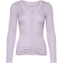 Strickjacke rosemunde "Babette Silk Cardigan", Damen, Gr. L, lila (lila heather), Feinripp, Obermaterial: 70% Seide, 30% Baumwolle, h&uuml;ftlang, V-Ausschnitt, gewellter Abschluss, Strickjacken Strickjacke, Vintage-Spitzenbesatz, Perlmuttknopfleiste, Langarm, Seidenmix