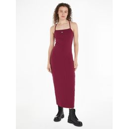 Jerseykleid Tommy Jeans "TJW STRAPPY BADGE RIB DRESS", Damen, Gr. XL (42), N-Gr, lila (valley grape), Rippware, Obermaterial: 95% Baumwolle, 5% Elasthan, unifarben, figurbetont, Kleider Jerseykleid, mit Tr&auml;gern, Rippware, Tommy Jeans Logo-Badge