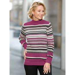 Stehkragenpullover Classic Basics "Pullover", Damen, Gr. 52, beige (erika, ecru, geringelt), 83% Polyacryl, 17% Polyester, gemustert, gestreift, mehrfarbig, Pullover Stehkragenpullover