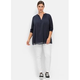 Longbluse sheego, Damen, Gr. 50, blau (nachtblau), 100% Polyester, unifarben, V-Ausschnitt, Blusen Longbluse