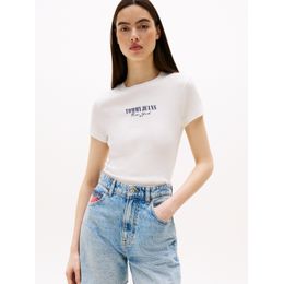 Kurzarmshirt Tommy Jeans "TJW SLIM LOGO 2 POINTELLE TEE", Damen, Gr. XS (34), beige (ecru), Single Jersey, Obermaterial: 60% Baumwolle, 40% Polyester, unifarben, figurbetont, Shirts Kurzarmshirt