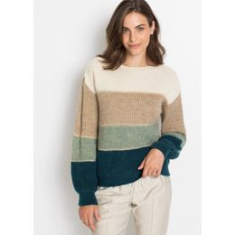 Strickpullover bonprix, Damen, Gr. 44/46 (L), beige (creme, sand, mint, petrol gestreift), Obermaterial: 72% Polyacryl, 22% Polyester, 6% metallisierte Fasern, oversize, Pullover Strickpullover, aus Polyacryl, Polyester und metallisierten Fasern, ohne Kragen