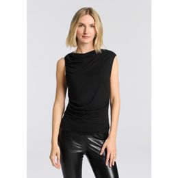 Shirttop BOSS Orange "Enima Premium Damenmode", Damen, Gr. XS, schwarz (schwarz 001), Jersey, Obermaterial: 55% Baumwolle, 37% Modal, 8% Elasthan, unifarben, slim fit, Tops Shirttop, mit Wasserfallkragen und gerafften Details