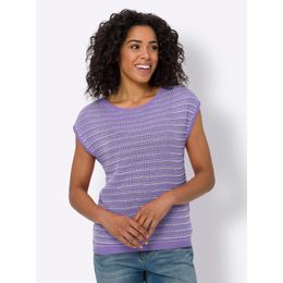 Ajourpullover Classic Basics "Ajour-Pullover", Damen, Gr. 50, lila (lavendel, wei&szlig;, gemustert), 100% Polyacryl, gemustert, gestreift, mehrfarbig, Pullover Ajourpullover
