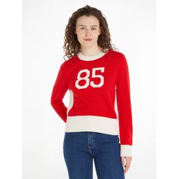 Rundhalspullover Tommy Hilfiger "VARSITY 85 GRAPHIC C-NK SWT", Damen, Gr. XXL (44), rot (hellrot), Strick, Obermaterial: 45% Polyamid, 30% Baumwolle, 25% Wolle, unifarben, Basic, Rundhals, B&uuml;ndchen, Pullover Rundhalspullover, mit Logopatch