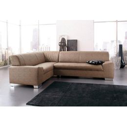 Ecksofa DOMO collection "Alisson, zeitlose Optik, flache Armlehnen, L-Form", braun (braun, beige), B:249cm H:75cm T:181cm, Microfaser aus 100% Polyester;Softlux, das pflegeleichte Kunstleder aus 80% PVC, 18% Polyester und 2% Polyurethan;Strukturstoff aus 90% Polyester und 10% Polyacryl, Sofas, Ecksofa, fester Sitzkomfort, wahlweise mit Bettfunktion