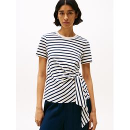 T-Shirt Tommy Hilfiger "KNOT BOAT-NK SS TEE", Damen, Gr. S (36), beige (calico, schwarz night navy), Single Jersey, Obermaterial: 100% Baumwolle, gestreift, normal h&uuml;ftlang, Rundhals, abgesteppt, Shirts T-Shirt, in asymmetrischer Form