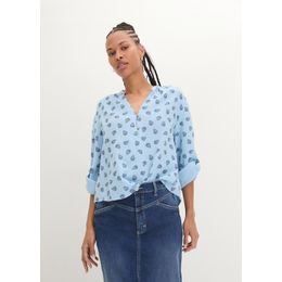 Langarmbluse bonprix "Oversize-Bluse aus luftigem Musselin", Damen, Gr. 42, blau (hellblau paisley), Web, Obermaterial: 100% Baumwolle, bedruckt, oversize normal, V-Ausschnitt, mit Aufschlag, Blusen Langarmbluse, Oversize-Passform, f&uuml;r den Alltag, aus Musselin, mit V-Ausschnitt