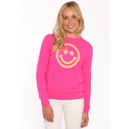 Kaschmirpullover Zwillingsherz "Roundneck "Smiley Face", Damen, Gr. L, pink (neonpink), Feinstrick, Obermaterial: 100% Kaschmir, normal h&uuml;ftbedeckend, Rundhals, Rippstrickb&uuml;ndchen, Pullover Kaschmirpullover, Smiley, neonfarben, Langarm, Rundhalsausschnitt