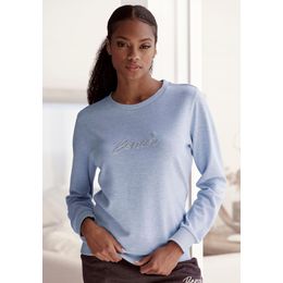 Sweatshirt BENCH. LOUNGEWEAR, Damen, Gr. 40/42, blau (hellblau meliert), Interlock, Graumeliert (Obermaterial): 52% Baumwolle, 48% Polyester, bestickt, meliert, unifarben, Basic, Basic schmal h&uuml;ftlang, Rundhals, B&uuml;ndchen, Sweatshirts Sweatshirt, mit gl&auml;nzender Logostickerei, Loungewear