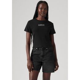 Levi's Print-Shirt LEVI'S "GR ESSENTIAL SPORTY TEE", Damen, Gr. XS (34), ess sport serif 1873 schwarz, Single Jersey, Obermaterial: 100% Baumwolle, bedruckt, unifarben, tailliert extrakurz, Rundhals, gerader Abschluss, Shirts Print-Shirt, mit Logo-Print