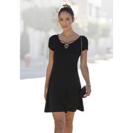 Sommerkleid Lascana, Damen, Gr. 40, N-Gr, schwarz, Jersey, Obermaterial: 95% Viskose, 5% Elasthan, unifarben, figurumspielend ca. Mitte Oberschenkel, V-Ausschnitt, Kleider Sommerkleid, mit Zierb&auml;ndern am Ausschnitt, Minikleid mit Stretch, Strandkleid, Topseller