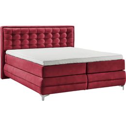 Boxspringbett Musterring "Dubai", rot (d 521 rot), B:217cm L:214cm, Komplettbetten, Boxspringbett, Winkelfu&szlig; in Chrom, 3 H&auml;rtegrade, Kopfteil in Kassettensteppung