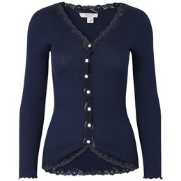Strickjacke rosemunde "Babette Silk Cardigan", Damen, Gr. L, blau (navy), Feinripp, Obermaterial: 70% Seide, 30% Baumwolle, unifarben, h&uuml;ftlang, V-Ausschnitt, gewellter Abschluss, Strickjacken Strickjacke, Vintage-Spitzenbesatz, Perlmuttknopfleiste, Langarm, Seidenmix