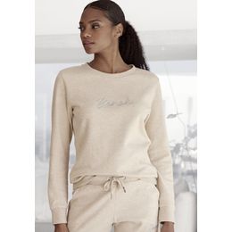 Sweatshirt BENCH. LOUNGEWEAR, Damen, Gr. 44/46, beige (beige meliert), Interlock, Graumeliert (Obermaterial): 55% Baumwolle, 45% Polyester, bestickt, meliert, unifarben, Basic, Basic schmal h&uuml;ftlang, Rundhals, B&uuml;ndchen, Sweatshirts Sweatshirt, mit gl&auml;nzender Logostickerei, Loungewear
