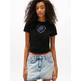 Kurzarmshirt Tommy Jeans "TJW SLIM SH HEART TEE", Damen, Gr. XL (42), schwarz, Single Jersey, Obermaterial: 100% Baumwolle, unifarben, figurbetont, Shirts Kurzarmshirt