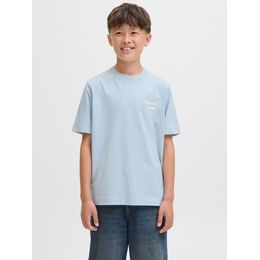 Jack & Jones T-Shirt JACK & JONES JUNIOR "JORNORREBRO TYPO TEE SS CREW NECK SN JNR", Jungen, Gr. 128, blau (skyway), Single Jersey, Obermaterial: 100% Baumwolle, bedruckt, relaxed fit normal, Rundhals, Shirts T-Shirt