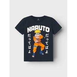 Print-Shirt name it "NKMMACAR NARUTO SS TOP NOOS SKY", Jungen, Gr. 134 (140), blau (schwarz sapphir), Jersey, Obermaterial: 95% Baumwolle, 5% Elasthan, bedruckt, regular fit normal, Rundhals, abgesteppte Kante, Shirts Print-Shirt, mit gro&szlig;em Comic-Frontmotiv