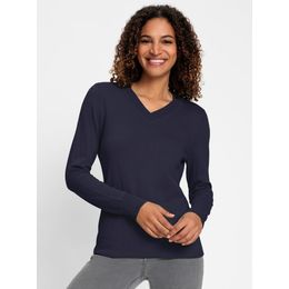 V-Ausschnitt-Pullover Casual Looks "Pullover", Damen, Gr. 42, blau (marine), 100% Baumwolle, unifarben, Pullover V-Ausschnitt-Pullover