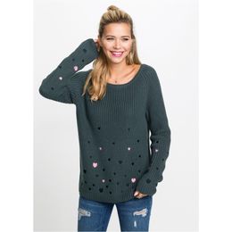Strickpullover bonprix, Damen, Gr. 44/46 (L), grau (anthrazit bedruckt), Obermaterial: 50% Baumwolle, 50% Polyacryl, loose fit, Pullover Strickpullover, aus Baumwolle und Polyacryl, weiter Rundhalsausschnitt