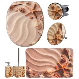 Badaccessoire-Set Sanilo "Sanibel", braun, beige, Massivholz, Polyester, Polyresin (Kunststein), Badaccessoires-Sets, Badaccessoire-Set, bestehend aus WC-Sitz, Badteppich, St&ouml;psel, Seifenspender, WC-B&uuml;rste