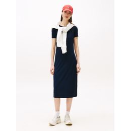 Jerseykleid Tommy Jeans "TJW RIB BODYCON MIDI DRESS", Damen, Gr. XL (42), N-Gr, blau (schwarz night navy), Jersey, Obermaterial: 60% Polyester, 33% Viskose, 7% Elasthan, unifarben, figurbetont wadenlang, Rundhals, abgesteppt, Kleider Jerseykleid, mit gerippter Struktur