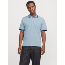 Jack & Jones Poloshirt JACK & JONES "JPRBLUALVES SS POLO SN", Herren, Gr. S, blau (ashley blau), Jersey, Obermaterial: 50% Baumwolle, 50% Polyester, unifarben, regular fit normal, ohne Ausschnitt, angesetztes B&uuml;ndchen kontrastfarben, Shirts Poloshirt, mit Logo Stickerei