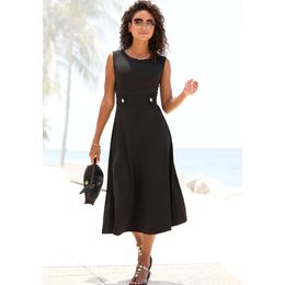 Midikleid Lascana, Damen, Gr. 40, N-Gr, schwarz, Jersey, Obermaterial: 95% Polyester, 5% Elasthan, unifarben, figurumspielend kniebedeckend, Rundhals, Kleider Midikleid, mit dekorativen Riegeln und goldenen Zierkn&ouml;pfen, b&uuml;gelfrei, Topseller