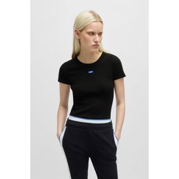T-Shirt HUGO BLUE "Easy Tee", Damen, Gr. XS, schwarz (schwarz 001), Rippstrick, Obermaterial: 96% Baumwolle, 4% Elasthan, unifarben, slim fit normal, Rundhals, eng eingefasste Kante, Shirts T-Shirt, mit HUGO Aufn&auml;her
