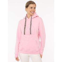 Hoodie Zwillingsherz "Nelina", Damen, Gr. M, pink, Sweatware;Feinripp;Feinstrick, Obermaterial: 50% Baumwolle, 50% Polyester, bedruckt, unifarben, h&uuml;ftbedeckend, ohne Ausschnitt, Rippb&uuml;ndchen mit Daumenl&ouml;chern, Sweatshirts Hoodie, mit Leo Band und schlichter Stickerei "Stay Wild"