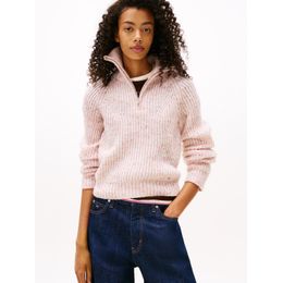 Troyer Tommy Jeans "TJW NEP 1/4 ZIP SWEATER", Damen, Gr. L (40), ancient wei&szlig;, Strick, Obermaterial: 60% Polyester, 28% Wolle, 12% Polyacryl, unifarben, h&uuml;ftlang, hoch geschlossener Ausschnitt, Pullover Troyer