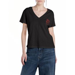 V-Shirt Replay, Damen, Gr. M, schwarz, Jersey, Obermaterial: 100% Baumwolle, regular fit, V-Ausschnitt, abgesteppte Kante, Shirts V-Shirt