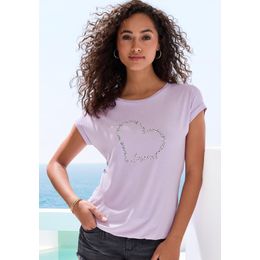 Kurzarmshirt Lascana "mit Lascana Herz Print", Damen, Gr. 40/42, lila, Single Jersey, Obermaterial: 95% Viskose (Birla&trade;), 5% Elasthan, bedruckt, figurumspielend normal, Rundhals, angeschnitten Umschlagsaum, Shirts Kurzarmshirt, aus weichem Viskose-Stretch, Topseller