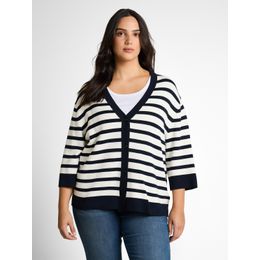Cardigan Tom Tailor PLUS, Damen, Gr. 50, wei&szlig; sky blau knit stripe, Strick, Obermaterial: 85% Viskose, 15% Polyamid, gestreift, loose fit normal, V-Ausschnitt, Rippb&uuml;ndchen, Strickjacken Cardigan, mit Streifen Muster