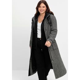 Trenchcoat sheego, Damen, Gr. 48, schwarz-wei&szlig; (schwarz, wei&szlig;), 70% Polyester, 30% Wolle, gemustert, M&auml;ntel Trenchcoat