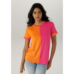 T-Shirt Aniston SELECTED, Damen, Gr. 42, pink (pink, orange), Single Jersey, Obermaterial: 95% Viskose, 5% Elasthan, figurumspielend h&uuml;ftbedeckend, Rundhals, Shirts T-Shirt, mit trend- und farbstarken Colorblock