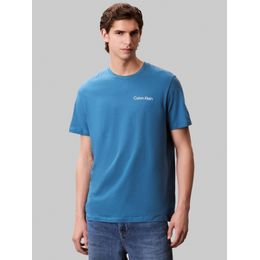 T-Shirt Calvin Klein Jeans "SS 30s E WRD STRTCH", Damen, Gr. L, blau (blausteel), Single Jersey, Obermaterial: 100% Baumwolle, unifarben, regular fit h&uuml;ftlang, Rundhals, Shirts T-Shirt, mit gro&szlig;em Logodruck auf dem R&uuml;cken