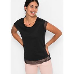 T-Shirt bonprix, Damen, Gr. 48/50 (XL), schwarz, Obermaterial: 100% Baumwolle, bequem, Shirts T-Shirt, bequeme Passform, Kurzarm-Design, mit Spitzendetails