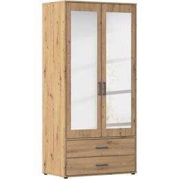 Dreht&uuml;renschrank Rauch "Kleiderschrank Schrank Garderobe W&auml;scheschrank VOYAGER", eiche artisan, B:93cm H:194cm T:53cm, Holzwerkstoff, Schr&auml;nke, Dreht&uuml;renschrank, mit modernen Griffen in Graumetallic, inkl. Schubk&auml;sten und Spiegel