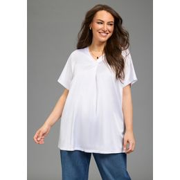 Satinbluse LAURA SCOTT CURVE, Damen, Gr. 48/50, wei&szlig;, Satin, Obermaterial: 100% Polyester. R&uuml;ckenteil: 94% Viskose, 6% Elasthan, figurumspielend Po-bedeckend, V-Ausschnitt, angeschnitten, Blusen Satinbluse, figurumspielende Passform, mit Falteneinsatz vorne, V-Ausschnitt