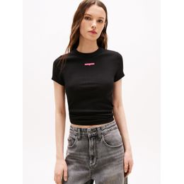 Kurzarmshirt Tommy Jeans "TJW SLIM SCRIPT LABEL SS TEE EXT", Damen, Gr. L (40), schwarz, Single Jersey, Obermaterial: 95% Baumwolle, 5% Elasthan, unifarben, figurbetont normal, Rundhals, Shirts Kurzarmshirt