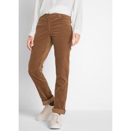 Cordhose bonprix "Stretch-Cordhose, Straight", Damen, Gr. 46, N-Gr, braun (cognac braun), Cord, Obermaterial: 98% Baumwolle, 2% Elasthan, unifarben, slim fit lang, Hosen Cordhose, aus Stretch-Material, Slim Fit, mit Eingrifftaschen