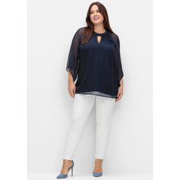 Longbluse sheego, Damen, Gr. 52, blau (marine), 100% Polyester, unifarben, Rundhals, Blusen Longbluse