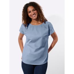 Schlupfbluse Casual Looks, Damen, Gr. 52, bleu, 50% Baumwolle, 50% Polyester, unifarben, Rundhals, Blusen Schlupfbluse