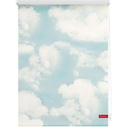Seitenzugrollo LICHTBLICK ORIGINAL "Rollo Klemmfix, ohne Bohren, Verdunkelung, Wolken - Blau", blau (blau, wei&szlig;), B:120cm H:150cm, Polyester, Rollos, Seitenzugrollo