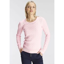 Rundhalspullover DELMAO, Damen, Gr. 44/46, rosa, Feinstrick, Obermaterial: 100% Baumwolle, Zopfmuster, bestickt, unifarben, sehr figurbetont h&uuml;ftlang, Rundhals, Pullover Rundhalspullover, mit Kontaststreifen und Zopfmuster