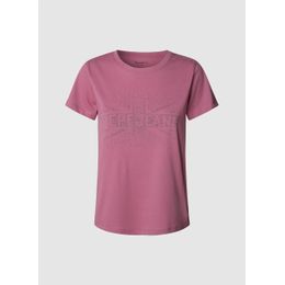 T-Shirt Pepe Jeans "BERTIE", Damen, Gr. L, grau (slate rose pink), Single Jersey, Obermaterial: 100% Baumwolle, slim fit, Rundhals, abgesteppte Kante, Shirts T-Shirt, mit Nieten, Rundhalsform